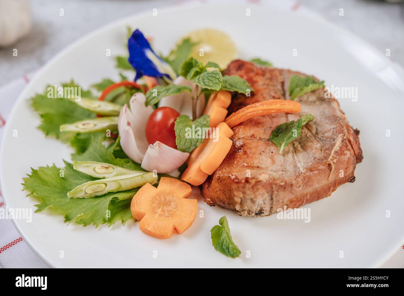 Pork Steak with Tomato, Carrot, Red Onion, Peppermint, Butterfly Pea ...