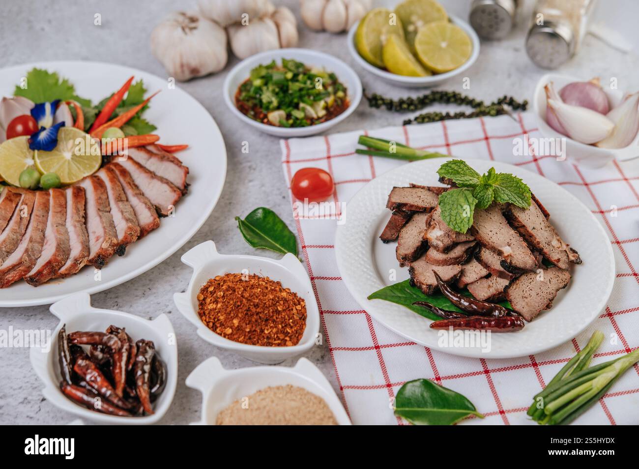 Grilled Liver Slices with sliced ??lime, carrots, chili, spring onions ...
