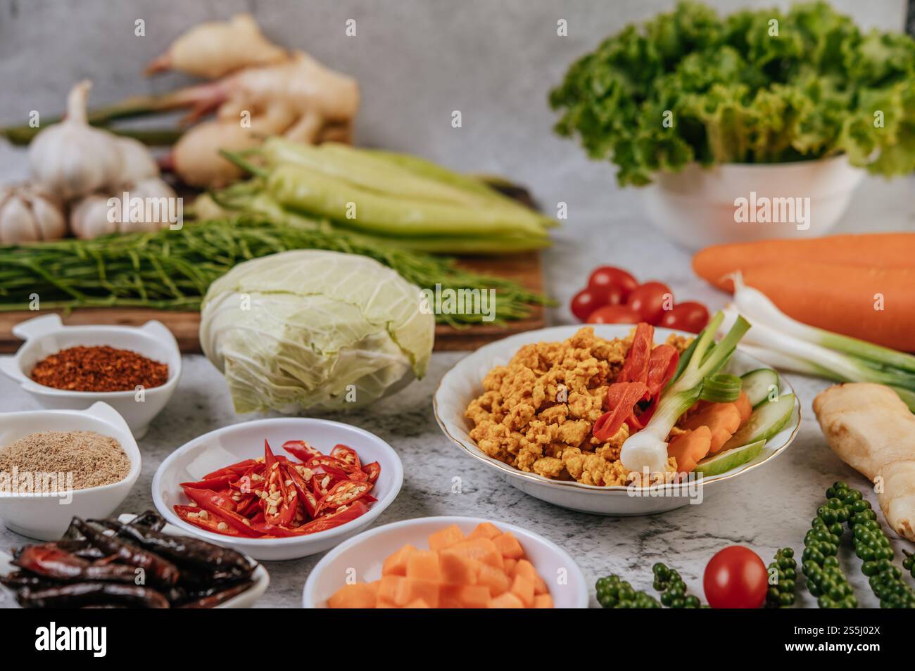 Fried Chicken Pop with Chili Scallions and tomatoes Stock Photo - Alamy