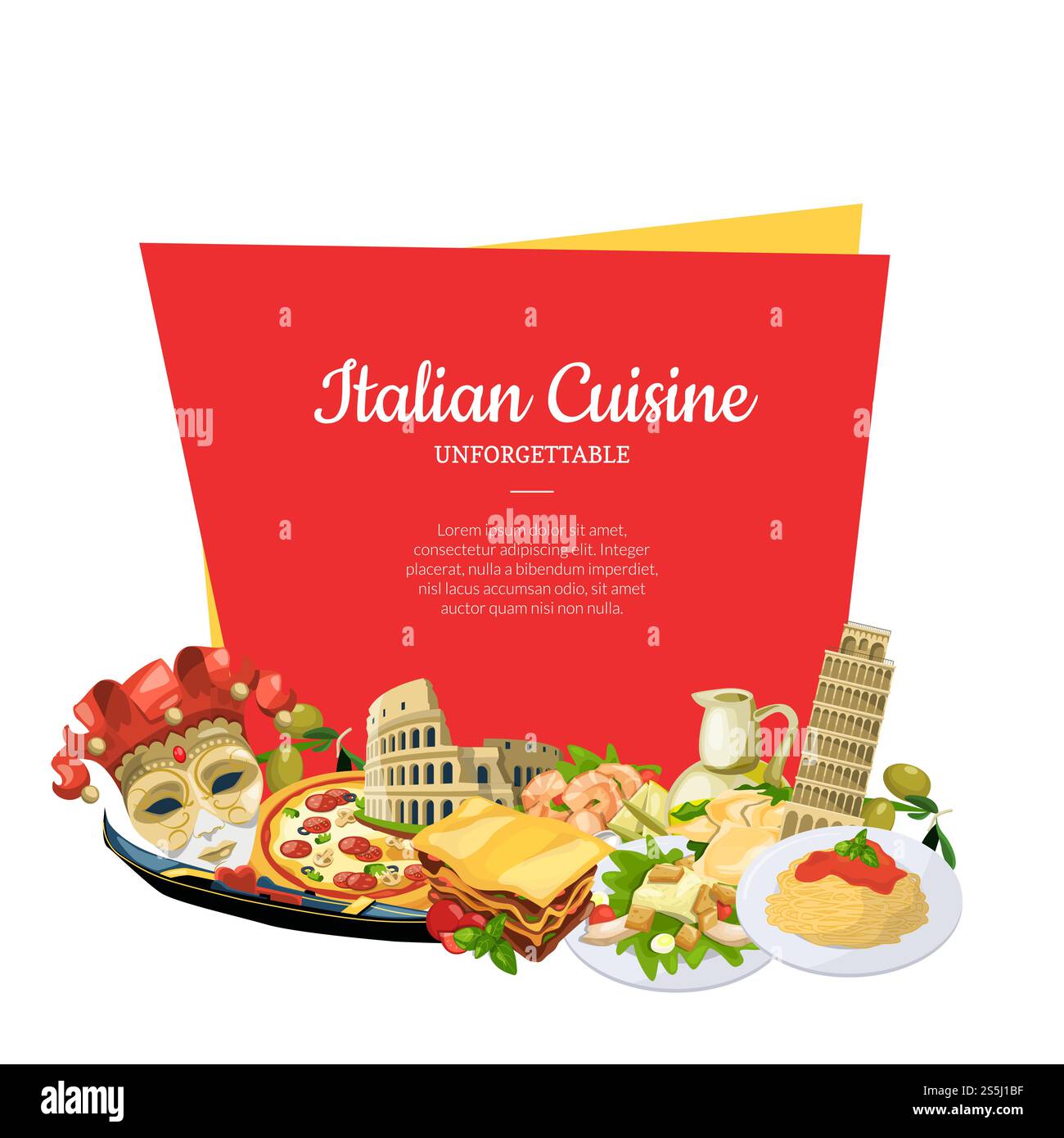 Vector cartoon italian cuisine elements below frame with place for text ...