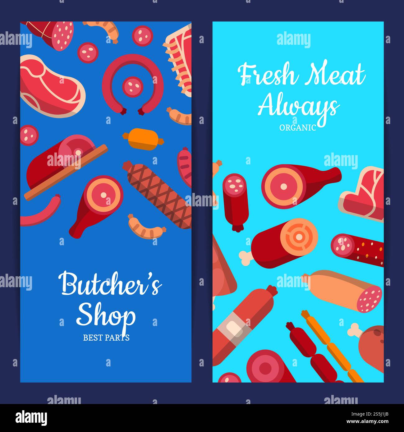 Vector flat meat and sausages icons web banner and poster for website ...