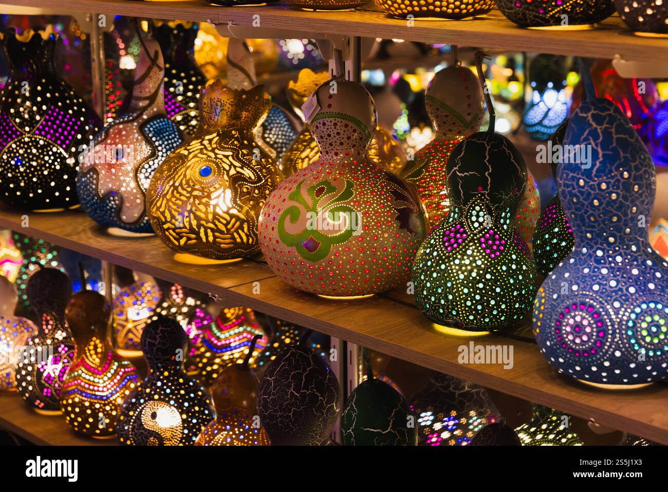 Traditional Turkish lights made of dried yellow pear-shaped bottle ...