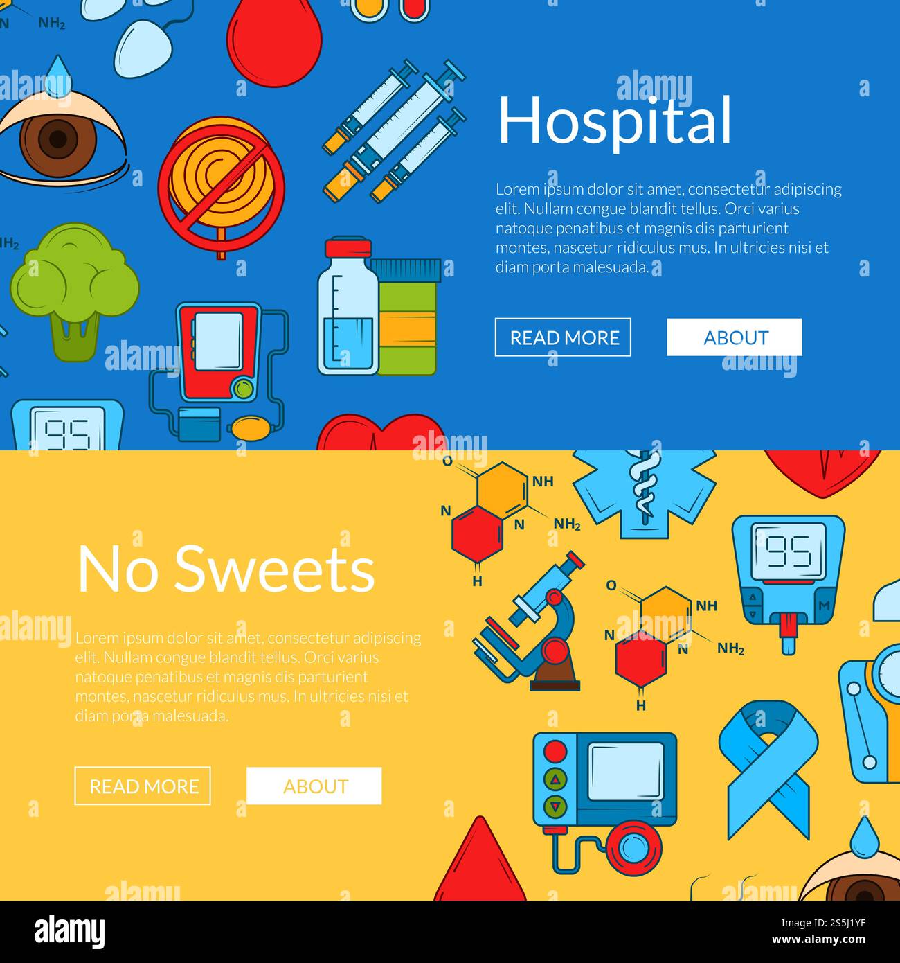 Vector colored diabetes icons web banner templates illustration. Color ...