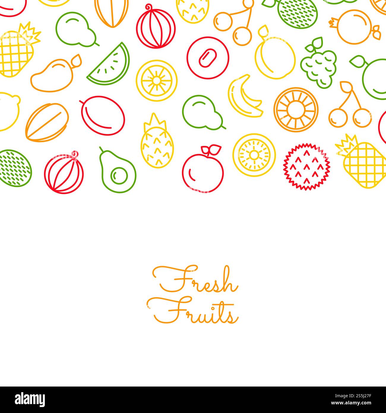 Vector color line fruits icons background on white with place for text ...