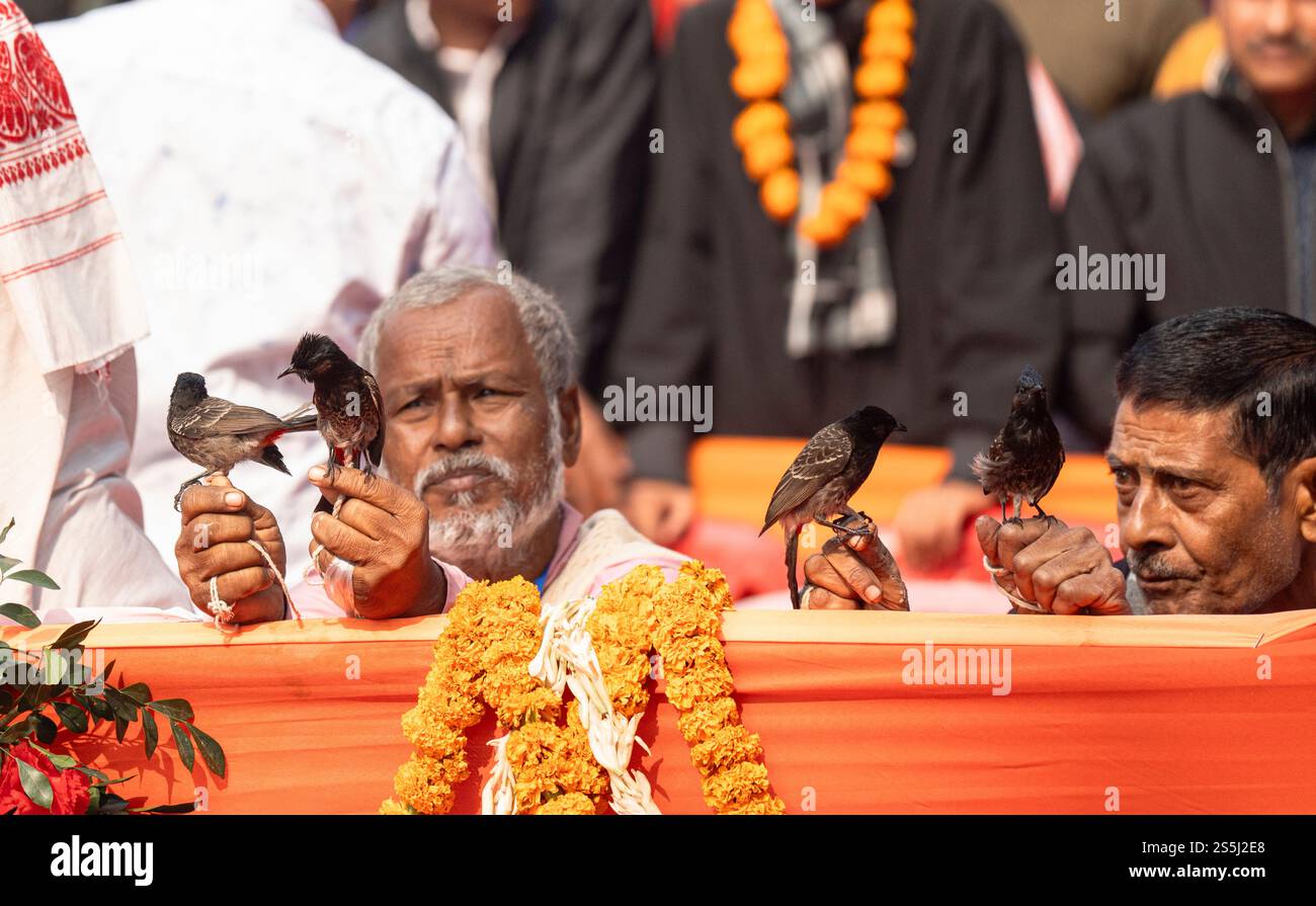 Hajo, India. 15 January 2024. Bird owners hold red-vented bulbuls ...