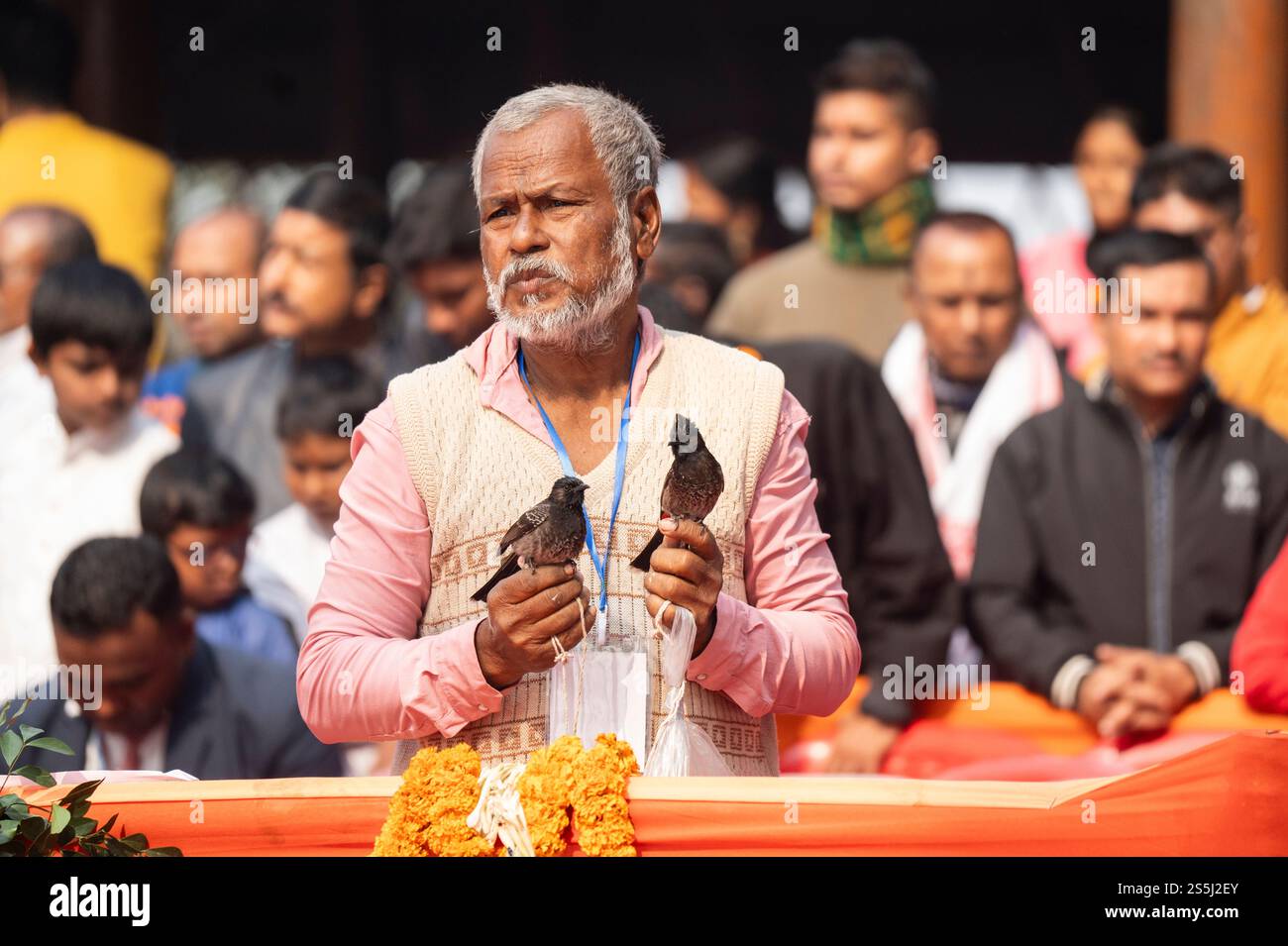Hajo, India. 15 January 2024. Bird owners hold red-vented bulbuls ...