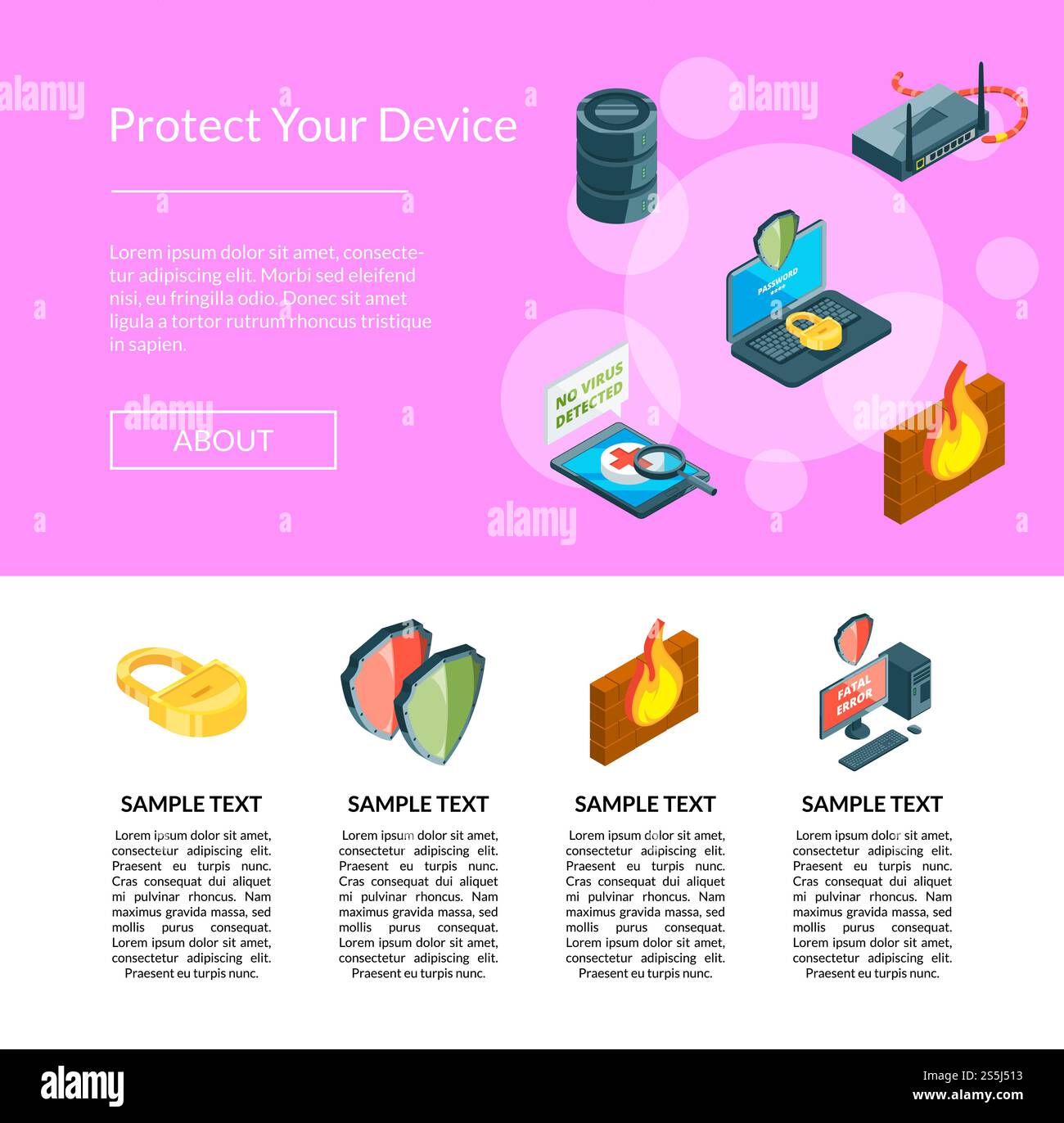 Vector isometric data and computer safety icons landing page template ...