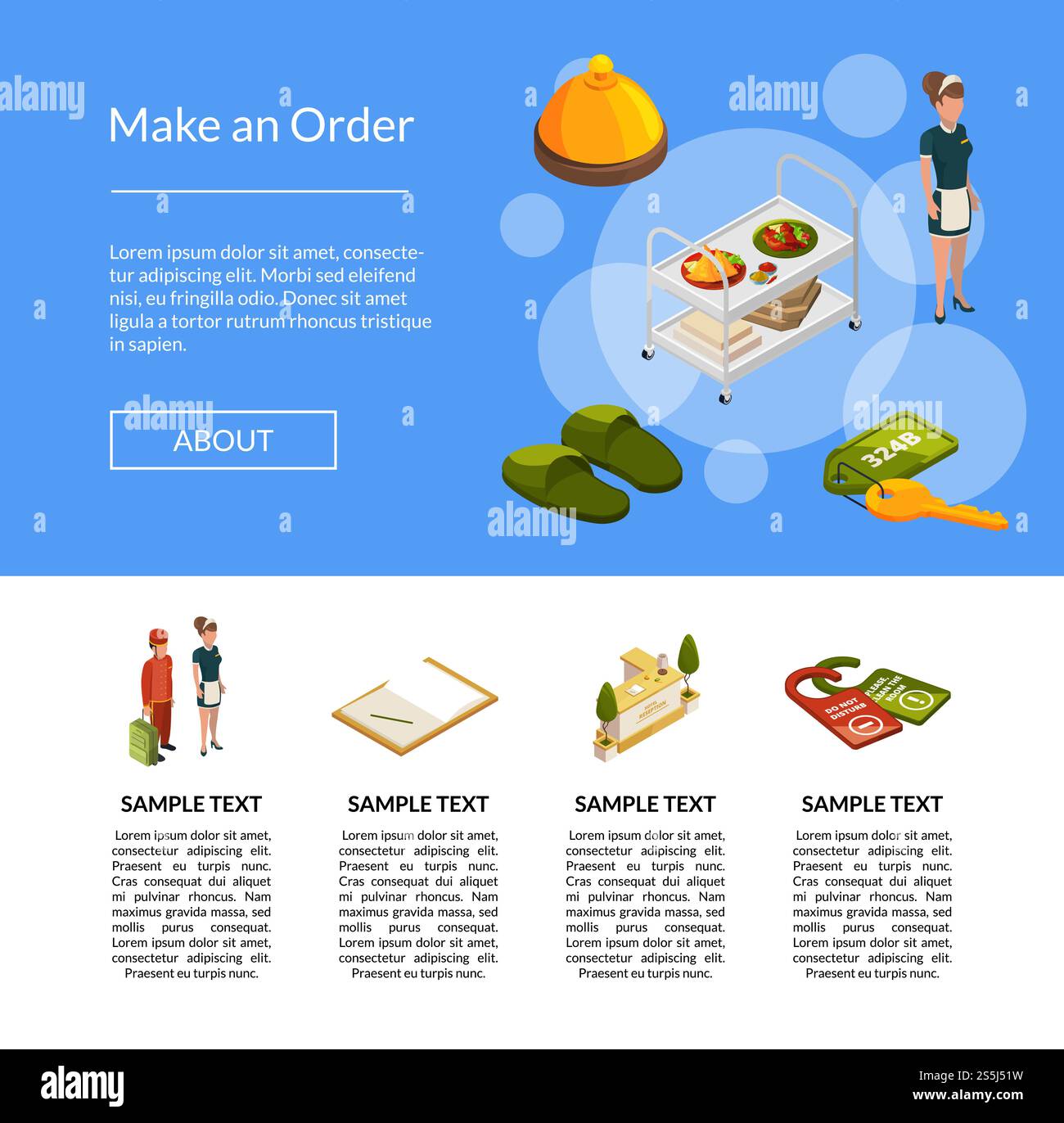 Vector isometric hotel icons landing page template illustration. Hotel ...