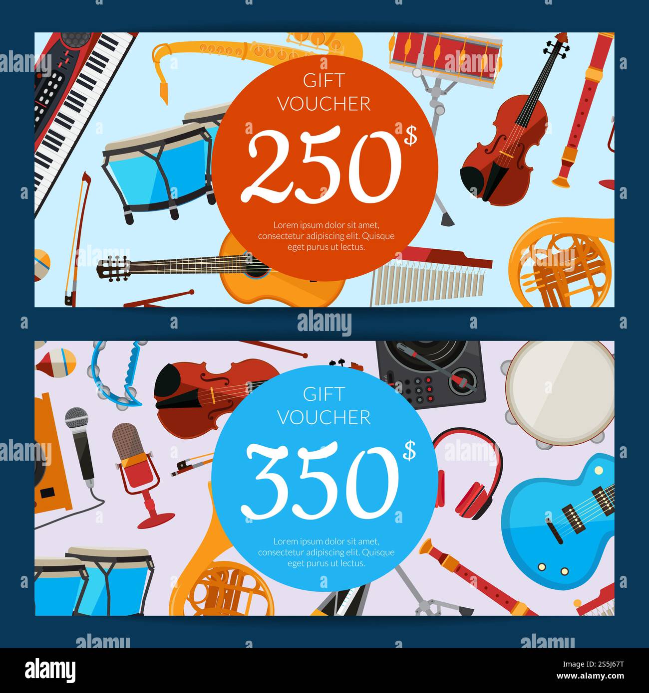 Vector cartoon musical instruments discount or gift voucher templates ...