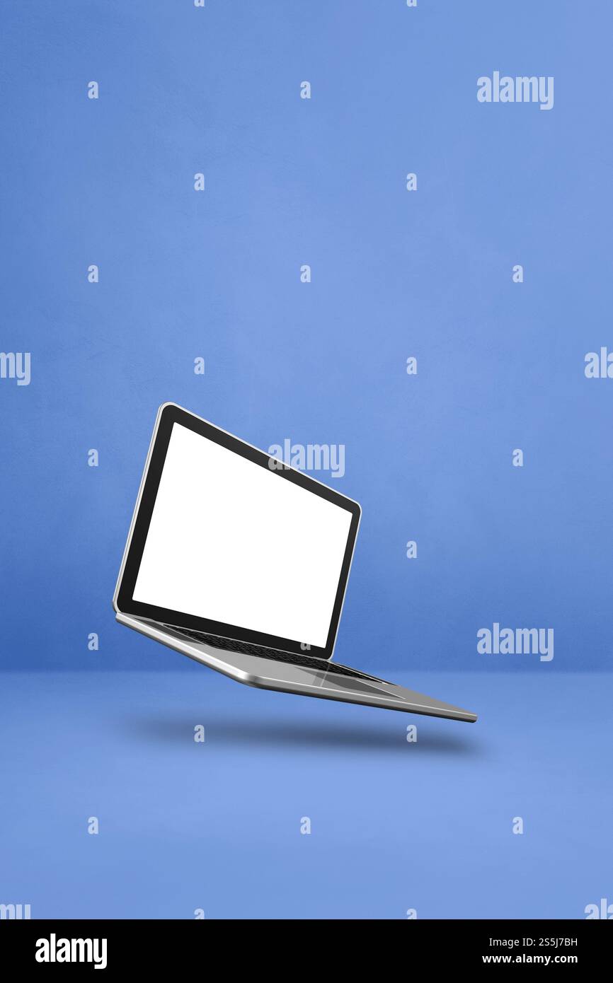 Blank computer laptop floating over a blue background. 3D isolated ...