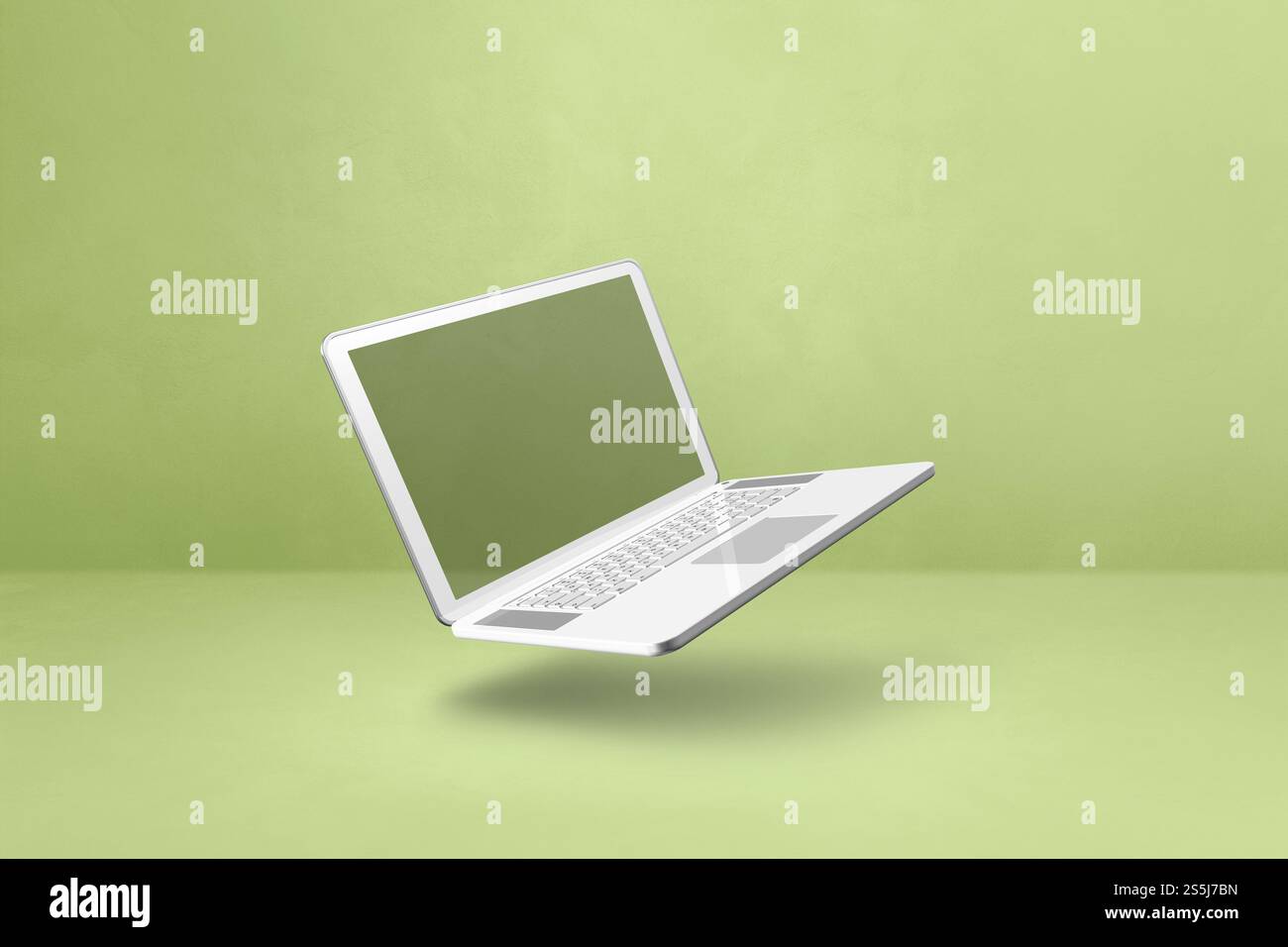Blank computer laptop floating over a green background. 3D isolated ...