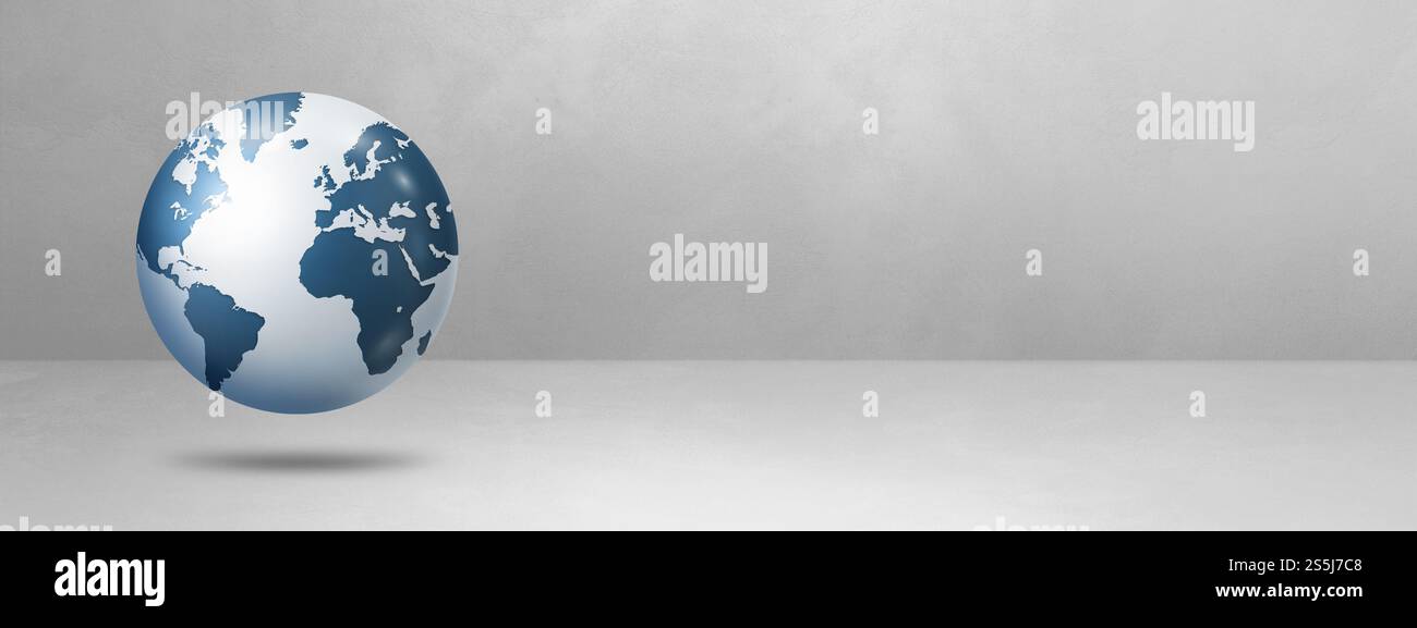 World globe, blue earth map, floating over a white background. 3D ...