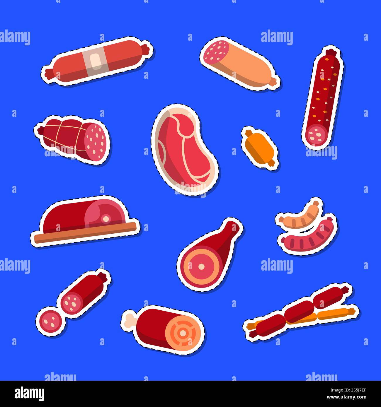 Vector flat meat and sausages icons stickers set illustration isolated ...