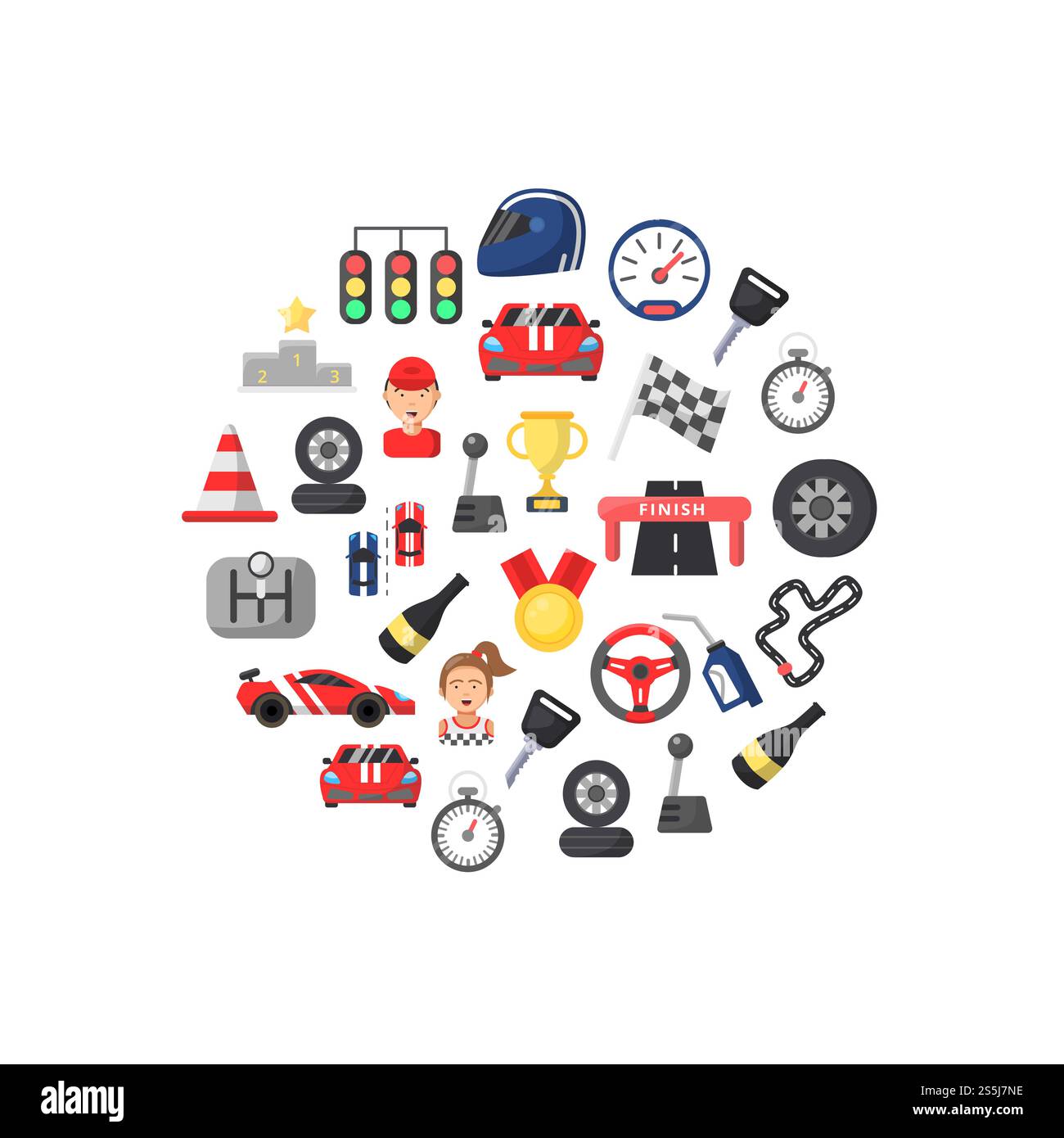 Vector flat car racing icons in circle shape isolated on white ...