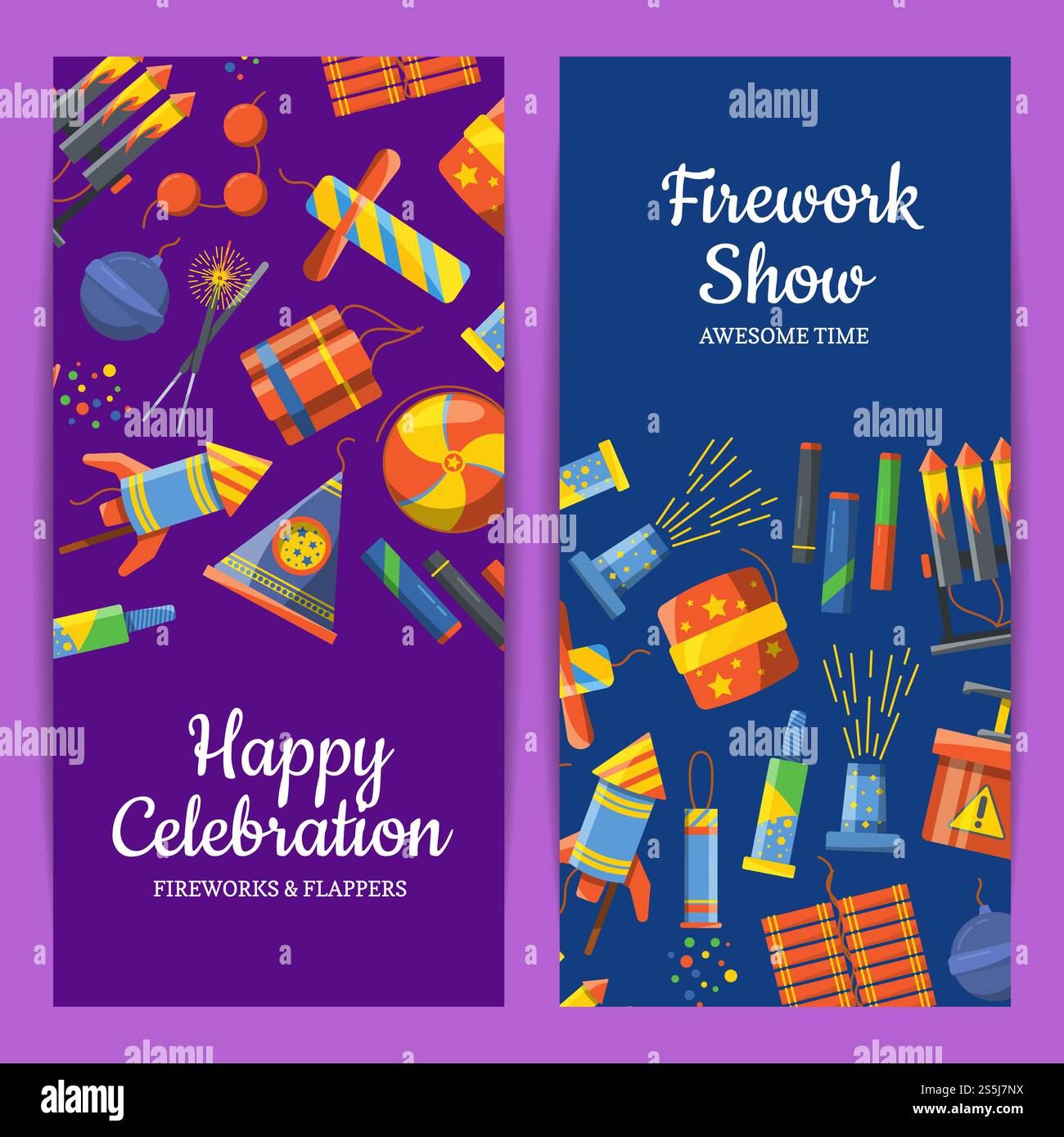 Vector cartoon pyrotechnics vertical flyer templates for party ...