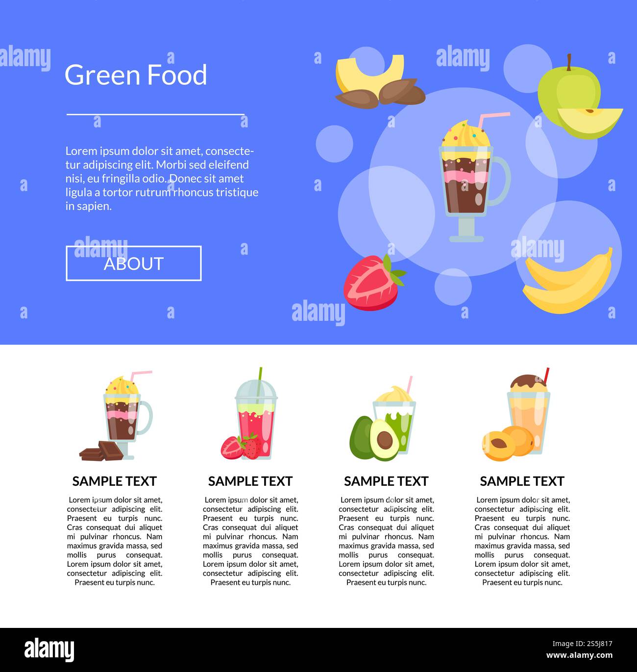 Vector flat smoothie elements landing page template illustration. Web ...