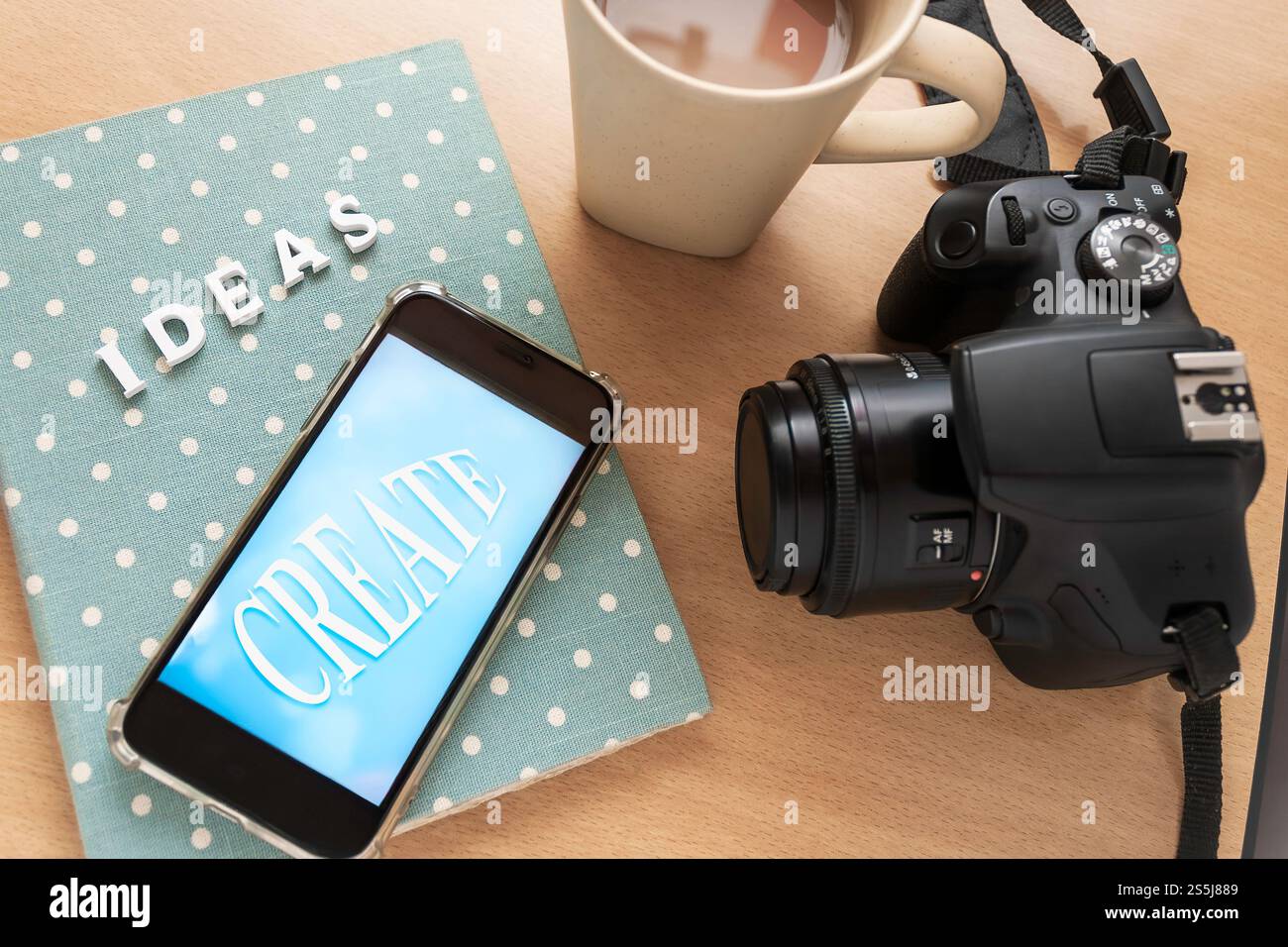 Ideas & create - desk with camera & notepad Stock Photo - Alamy