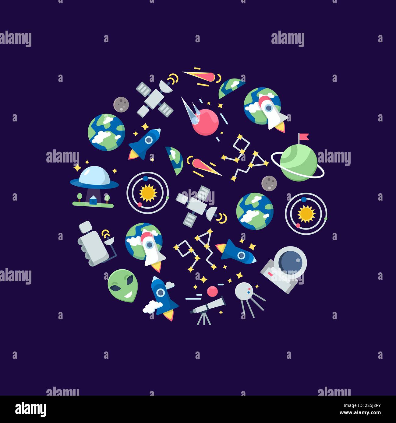 Vector flat space icons in circle shape illustration isolated on background. Vector flat space ...