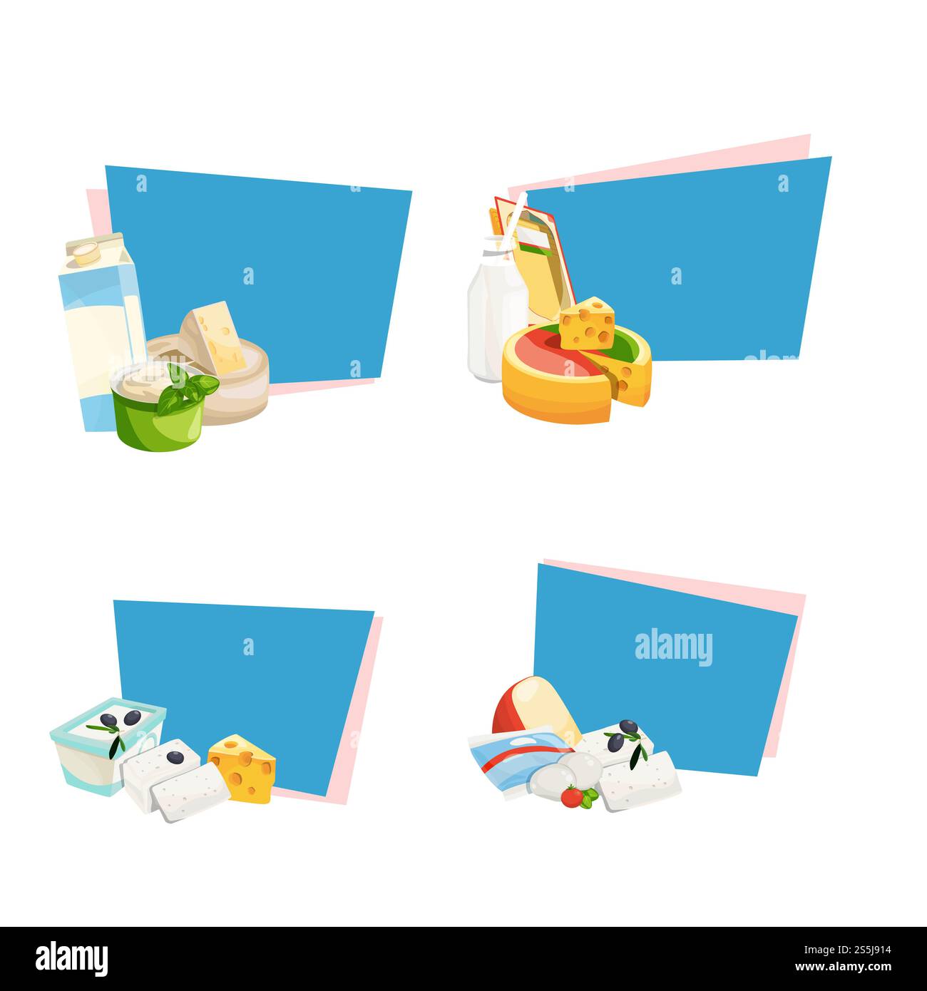 Vector cartoon dairy and cheese products stickers with place for text ...