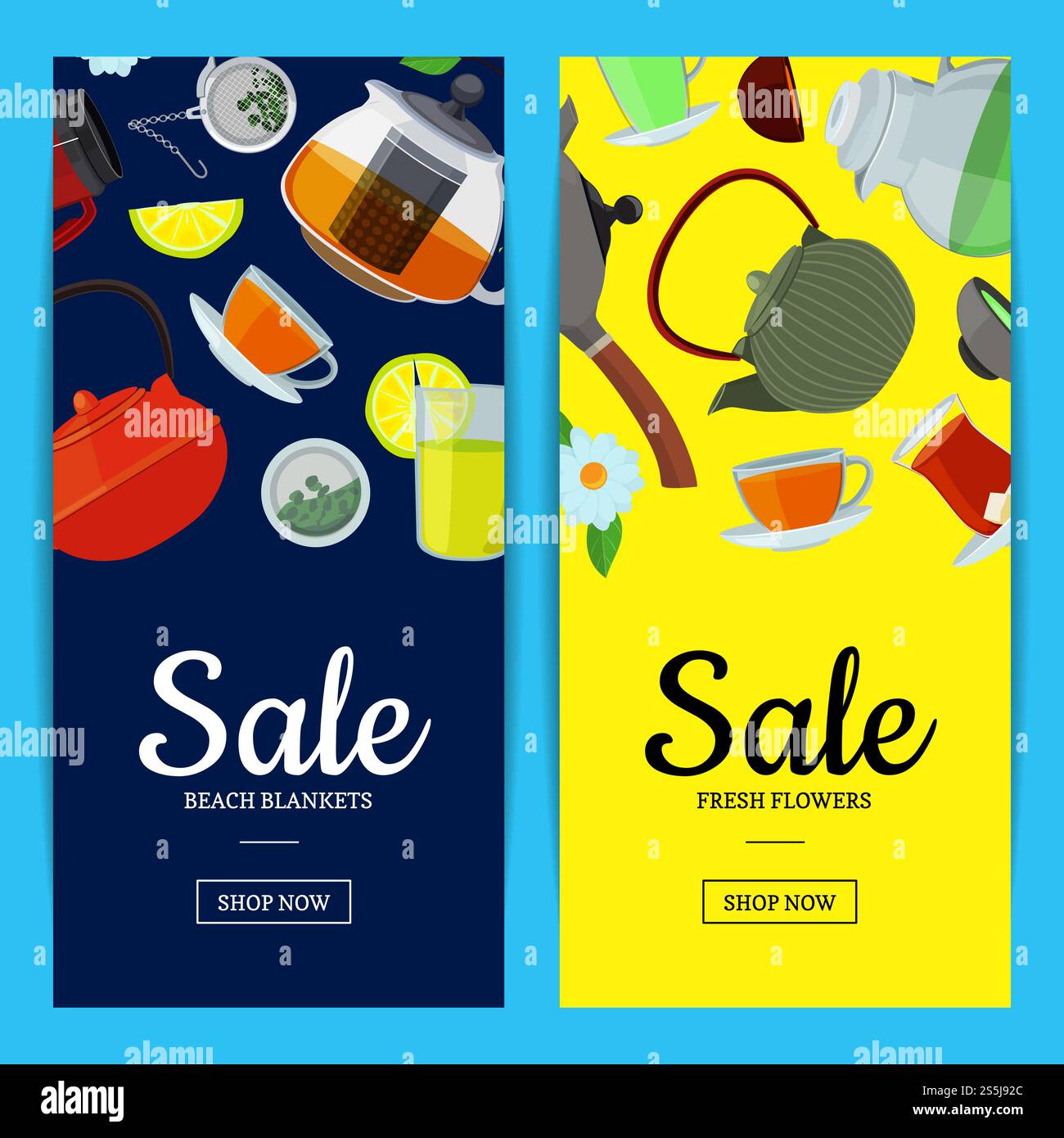 Vector cartoon tea kettles and cups web banner and poster templates ...