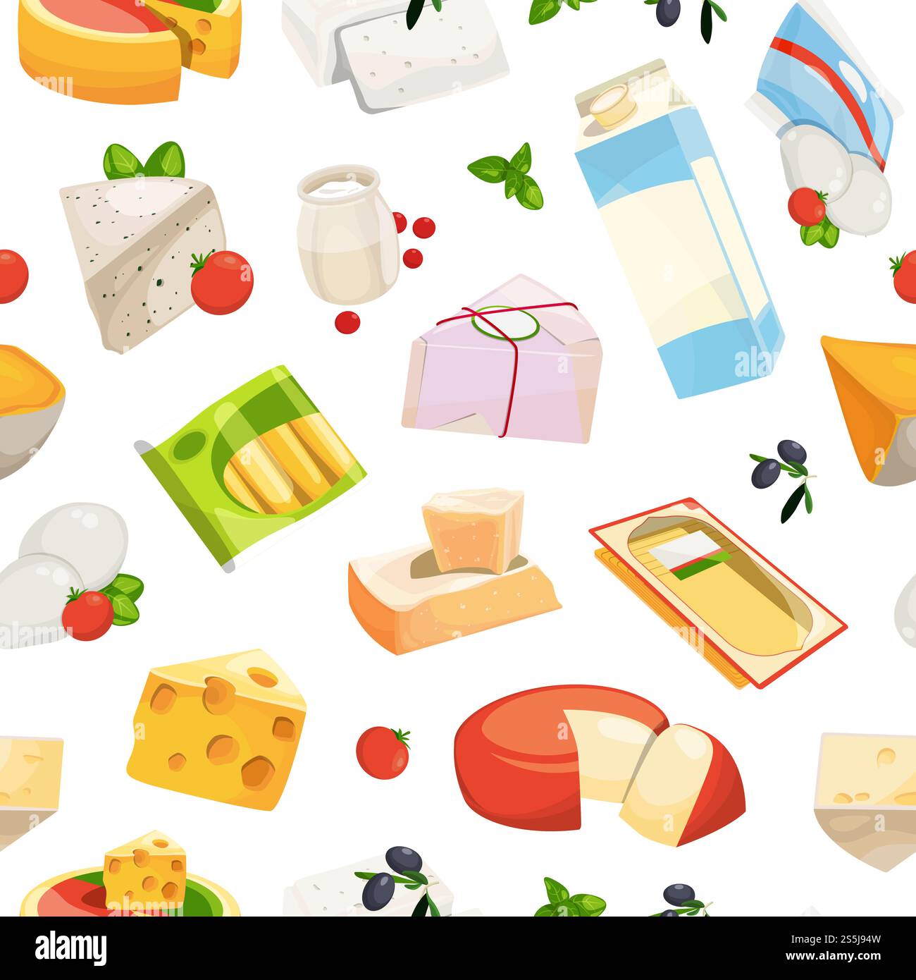 Vector cartoon dairy and cheese products pattern or background ...