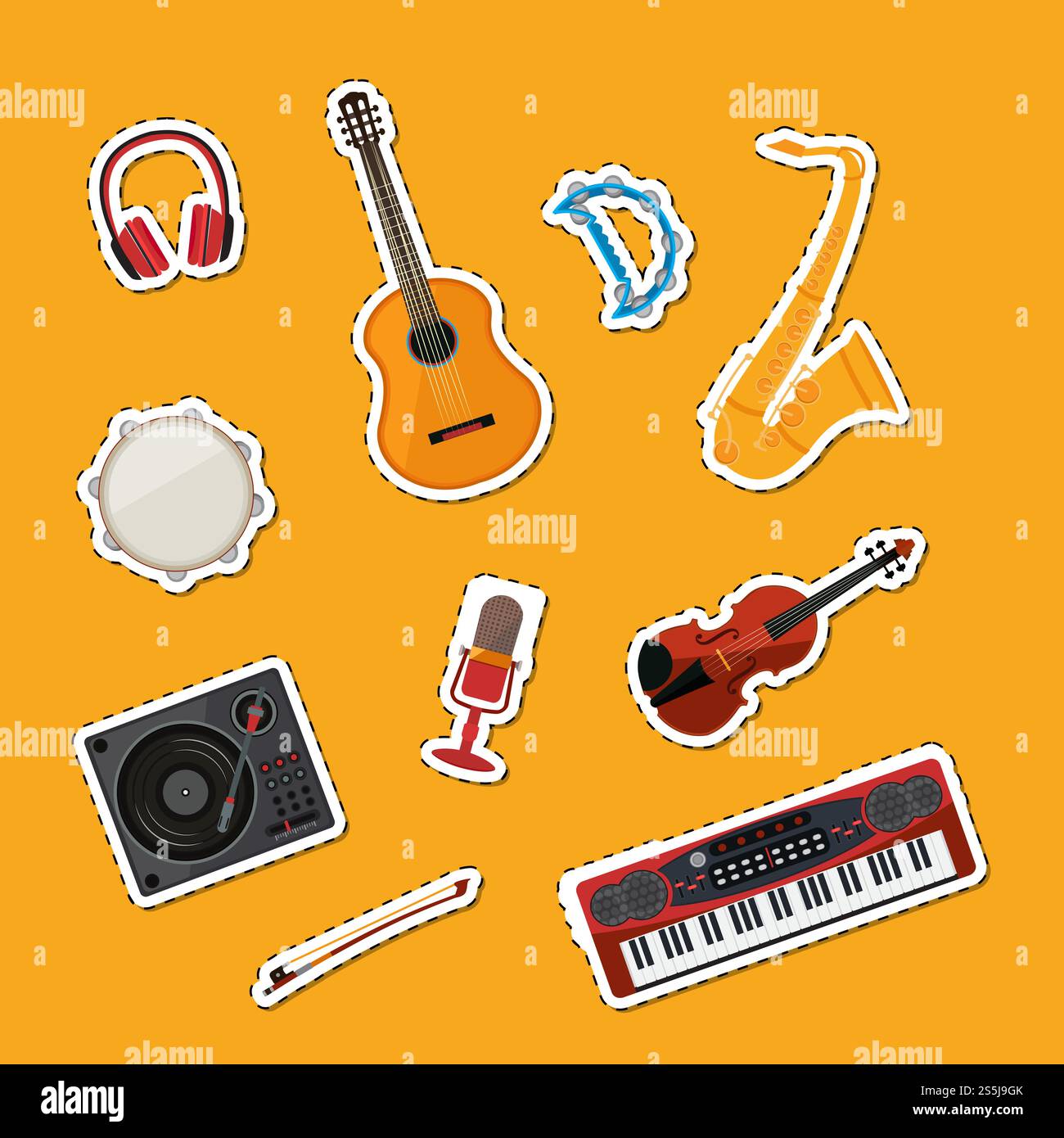 Vector cartoon musical instruments stickers set illustration ...
