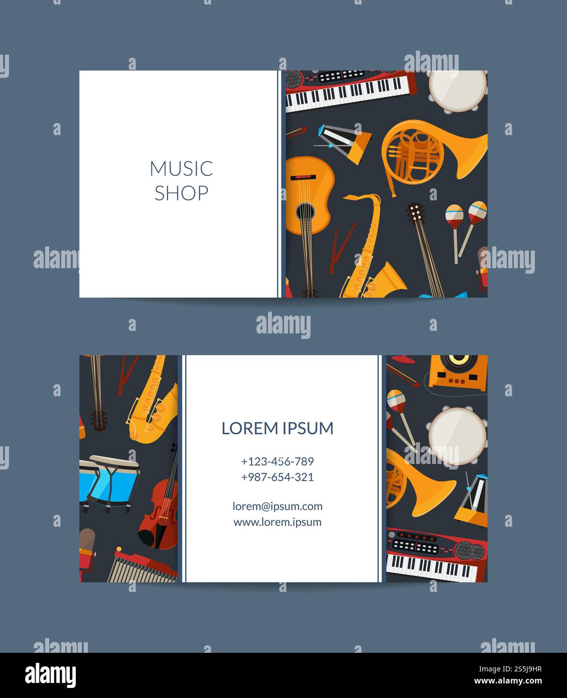Vector cartoon musical instruments business card template for music ...