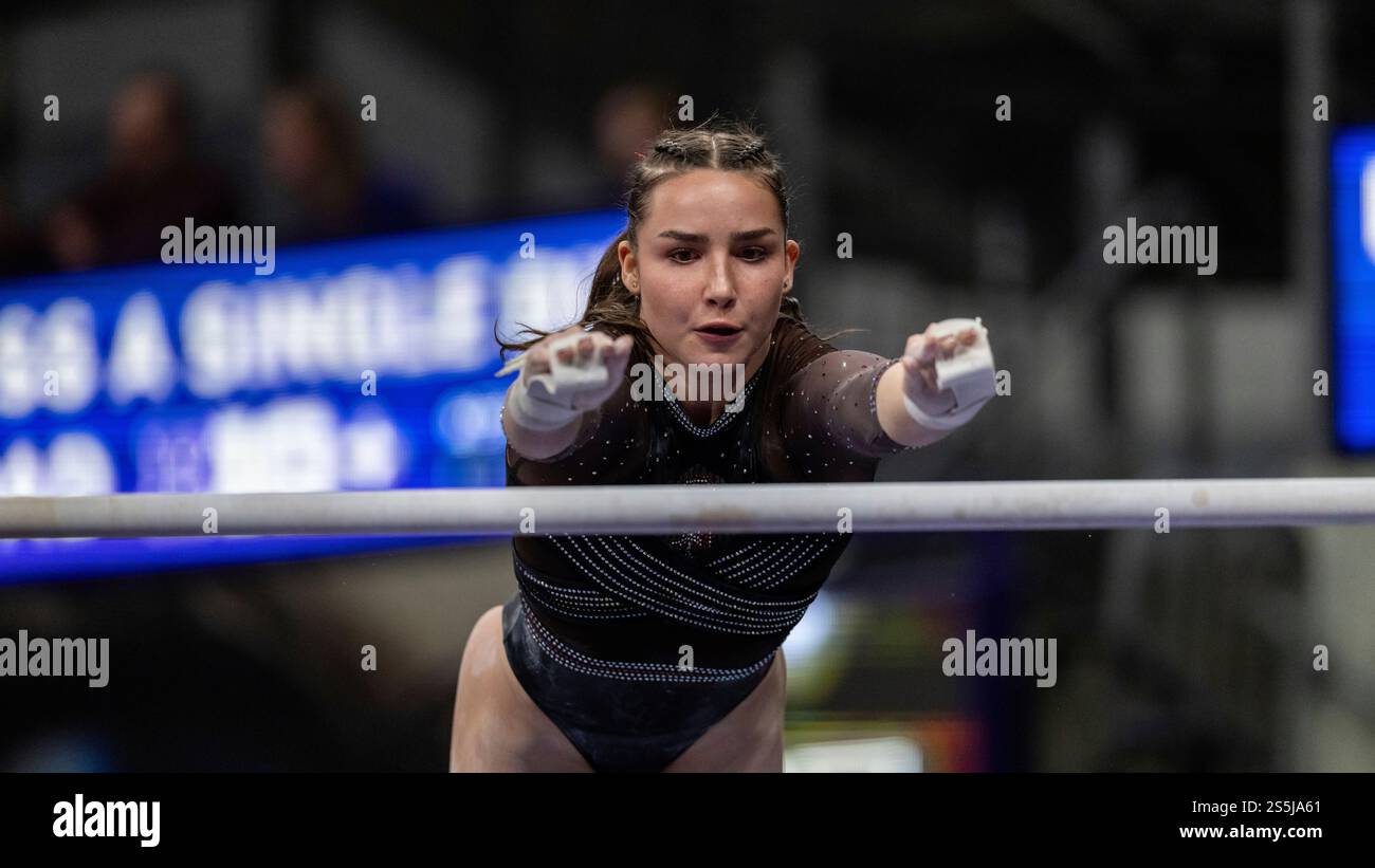 Stanford's Ava Sorrento competes on the uneven bars during an NCAA ...