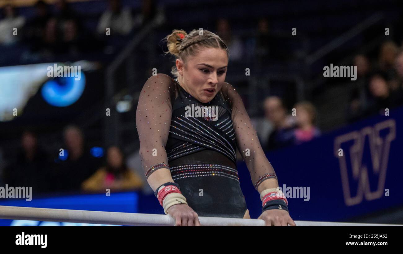 Stanford's Anna Roberts competes on the uneven bars during an NCAA ...