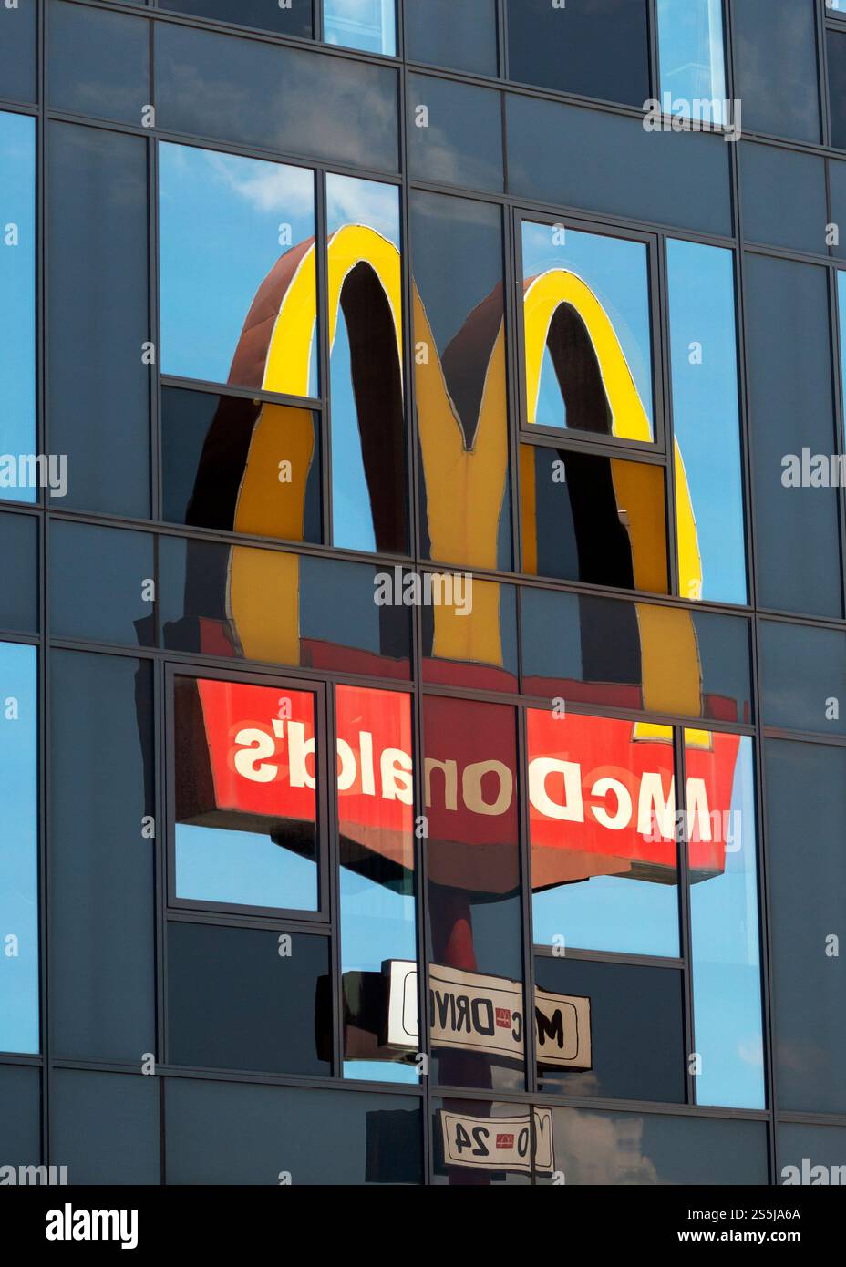 mirrored, McDonald's logo, McDonald's sign, reflection, glass building ...