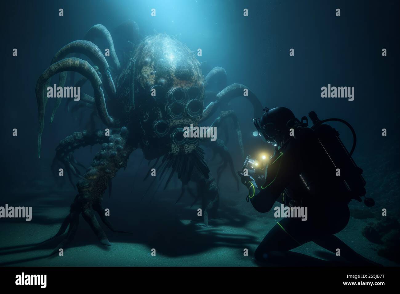 Sea monster look at diver. Underwater sea nature. Generate Ai Stock ...