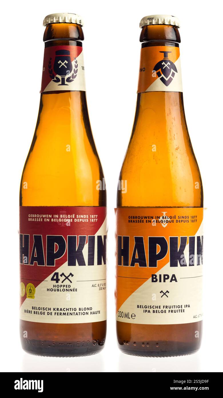 Bottles of Belgian Hapkin 4x Hopped and BIPA beers isolated on white ...