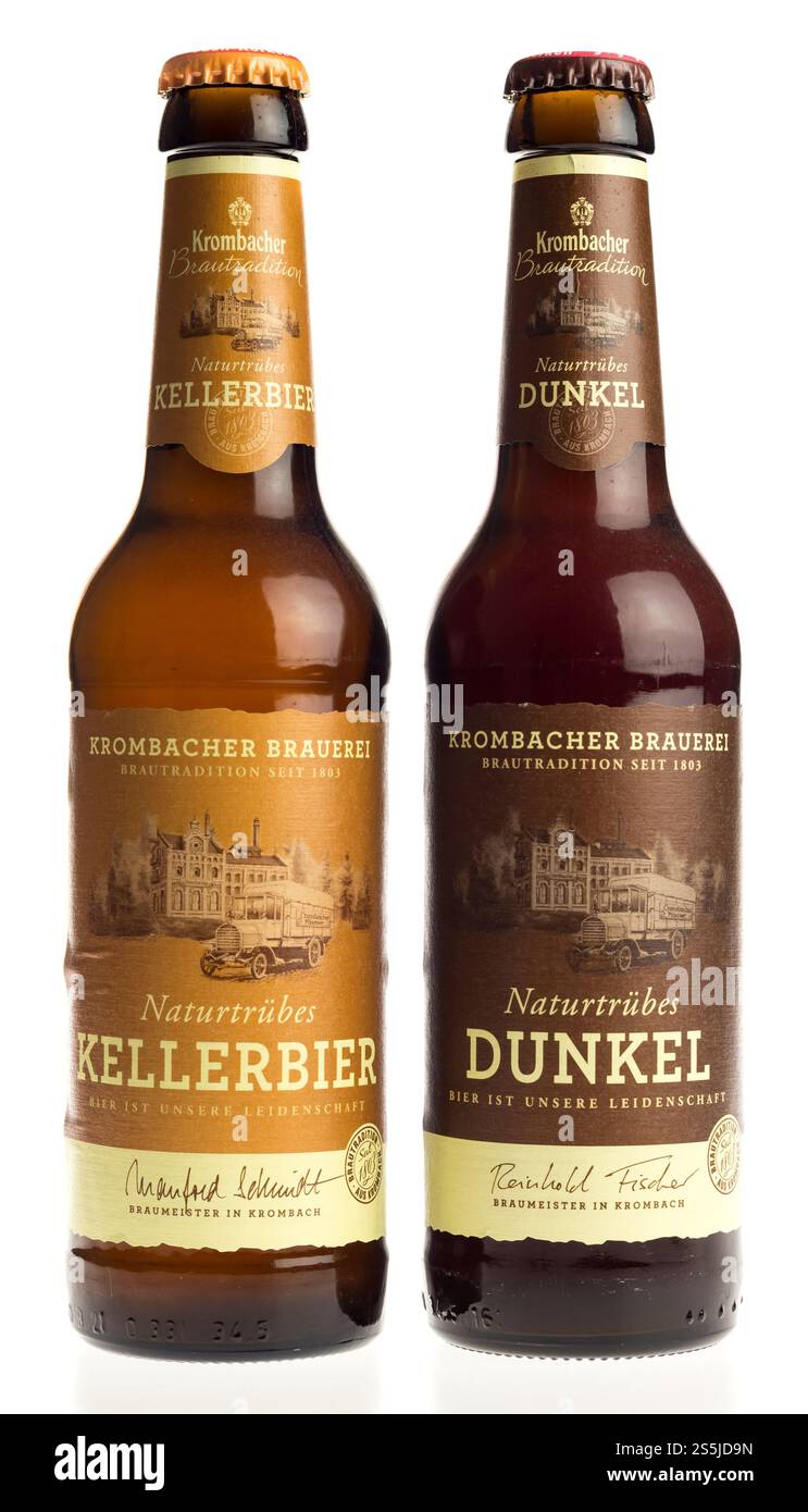 Bottles of German Krombacher Kellerbier and Dunkel beer isolated on ...