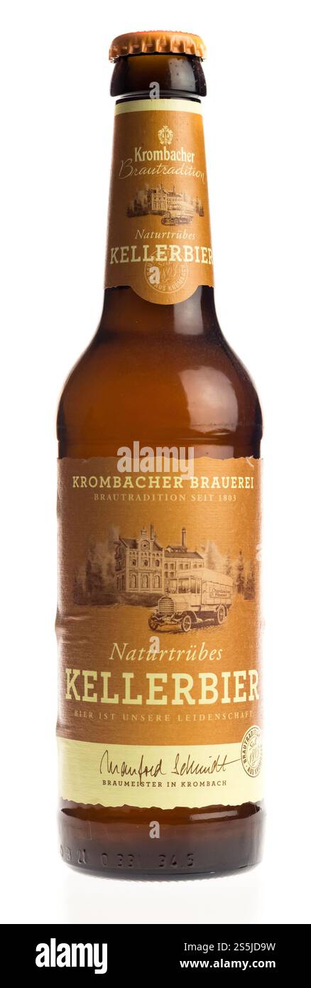 Bottle of German Krombacher Kellerbier beer isolated on white ...
