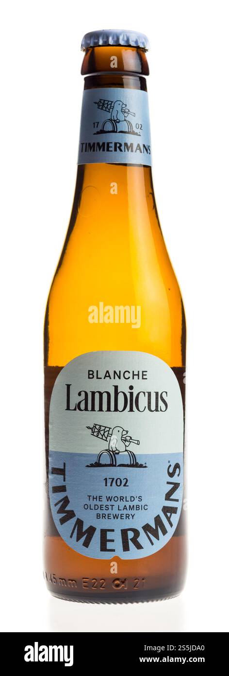 Bottle of Belgian Lambicus Blanche beer isolated on white background ...