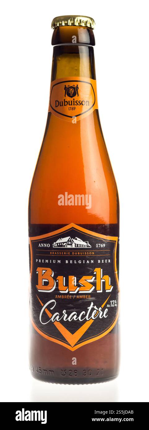 Bottle of Belgian Bush Caractere beer isolated on white background ...