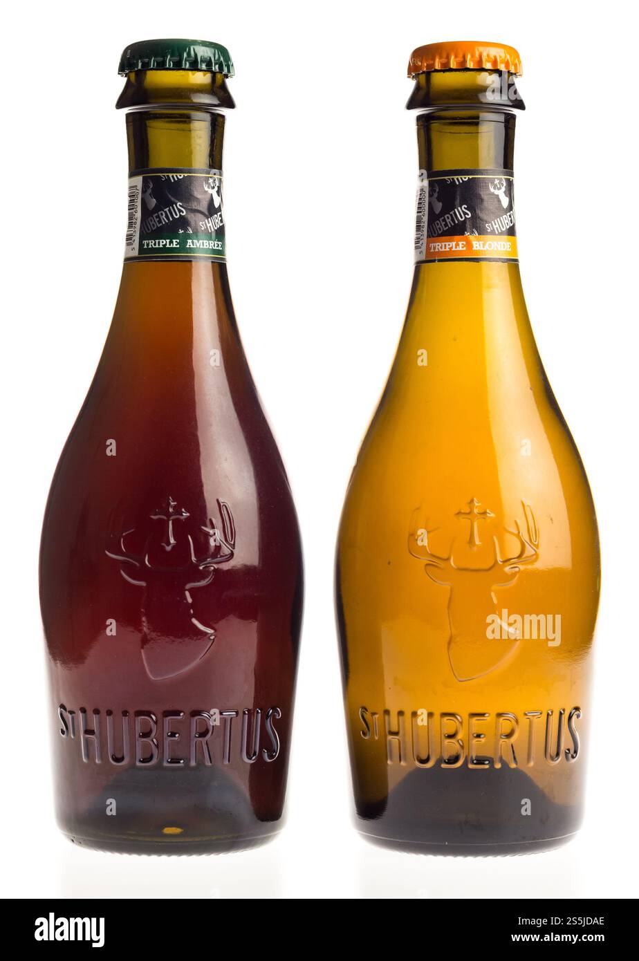 Bottles of Belgian St. Hubertus Triple Ambree and Triple Blonde beers ...