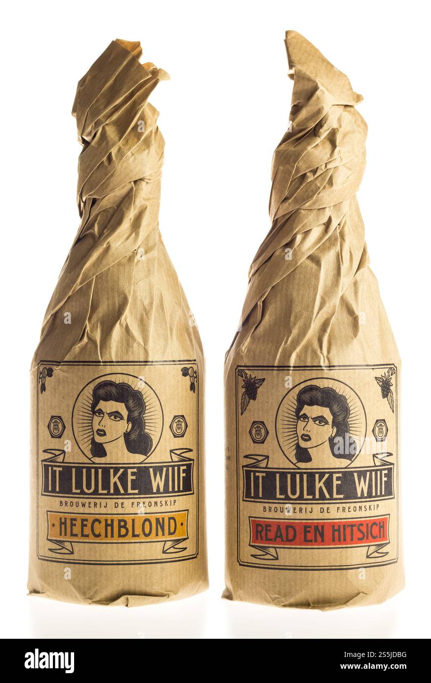 Bottles of Dutch It Lulke Wiif beers isolated on white background Stock ...