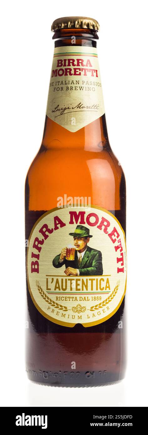 Bottle of Italian Birra Moretti lager beer isolated on white background ...