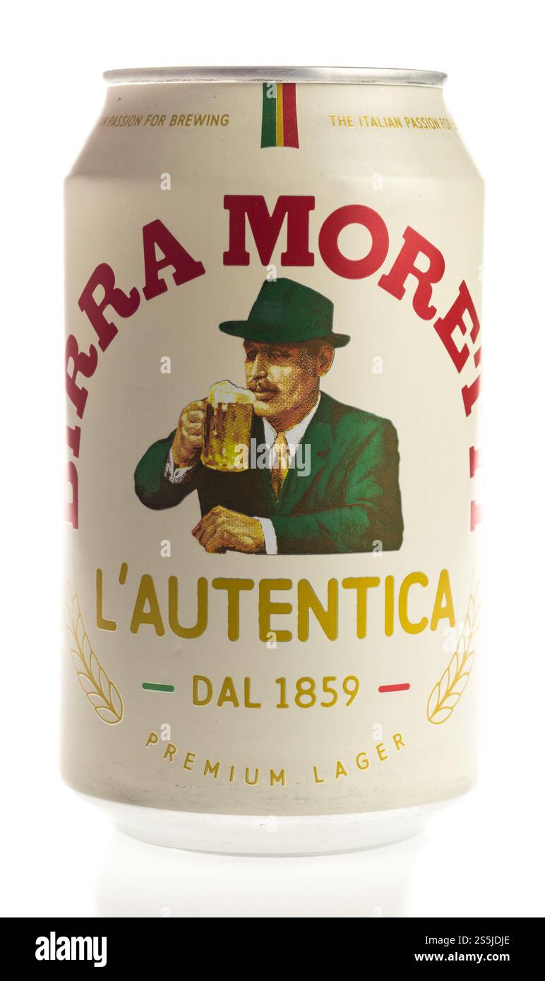 Can of Italian Birra Moretti lager beer isolated on white background ...
