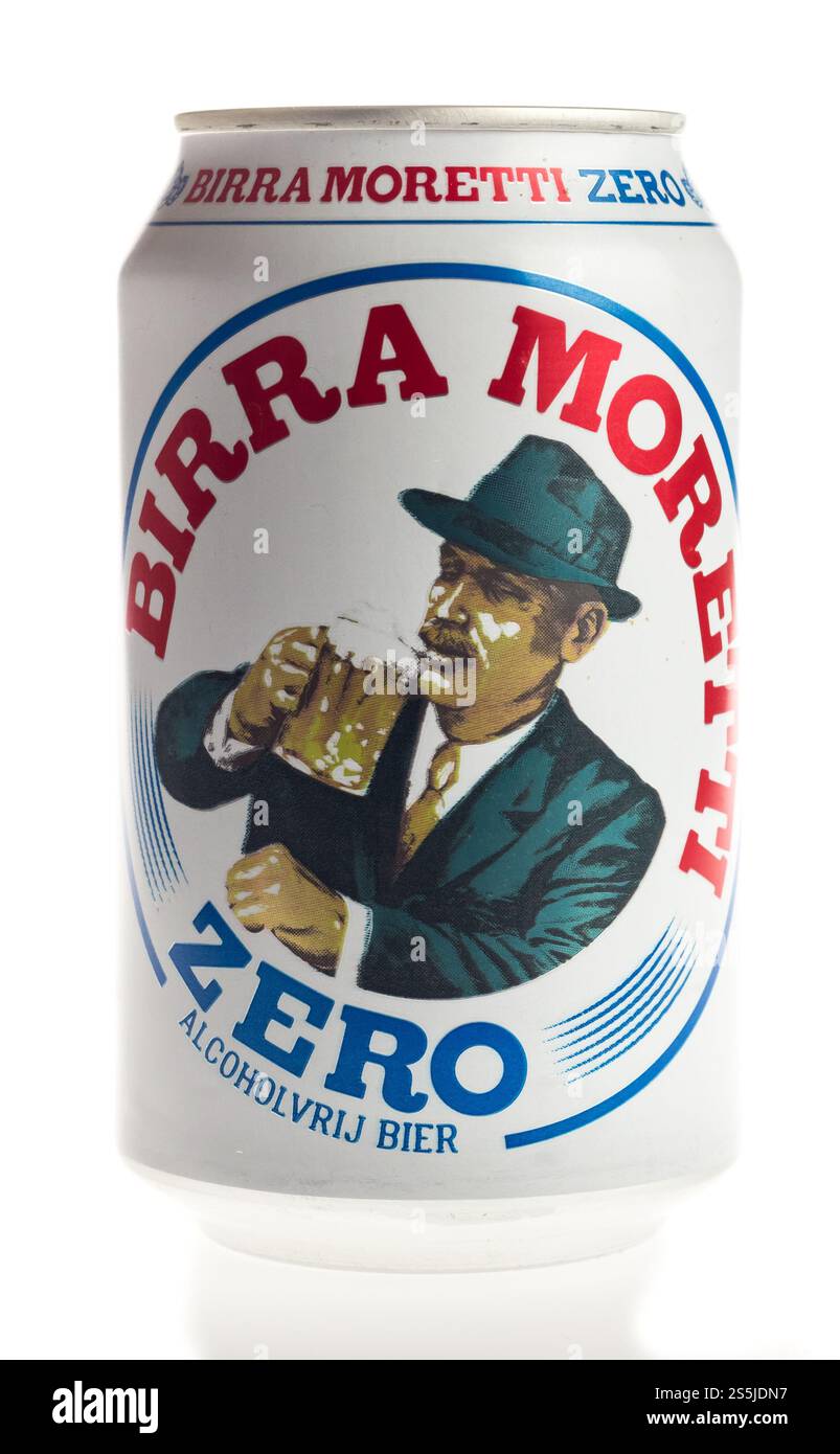 Can of non-alcoholic Italian Birra Moretti beer isolated on white ...