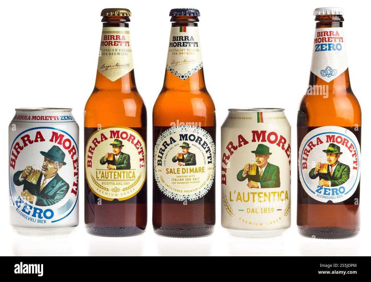 Bottles and cans of Italian Birra Moretti beers isolated on white ...