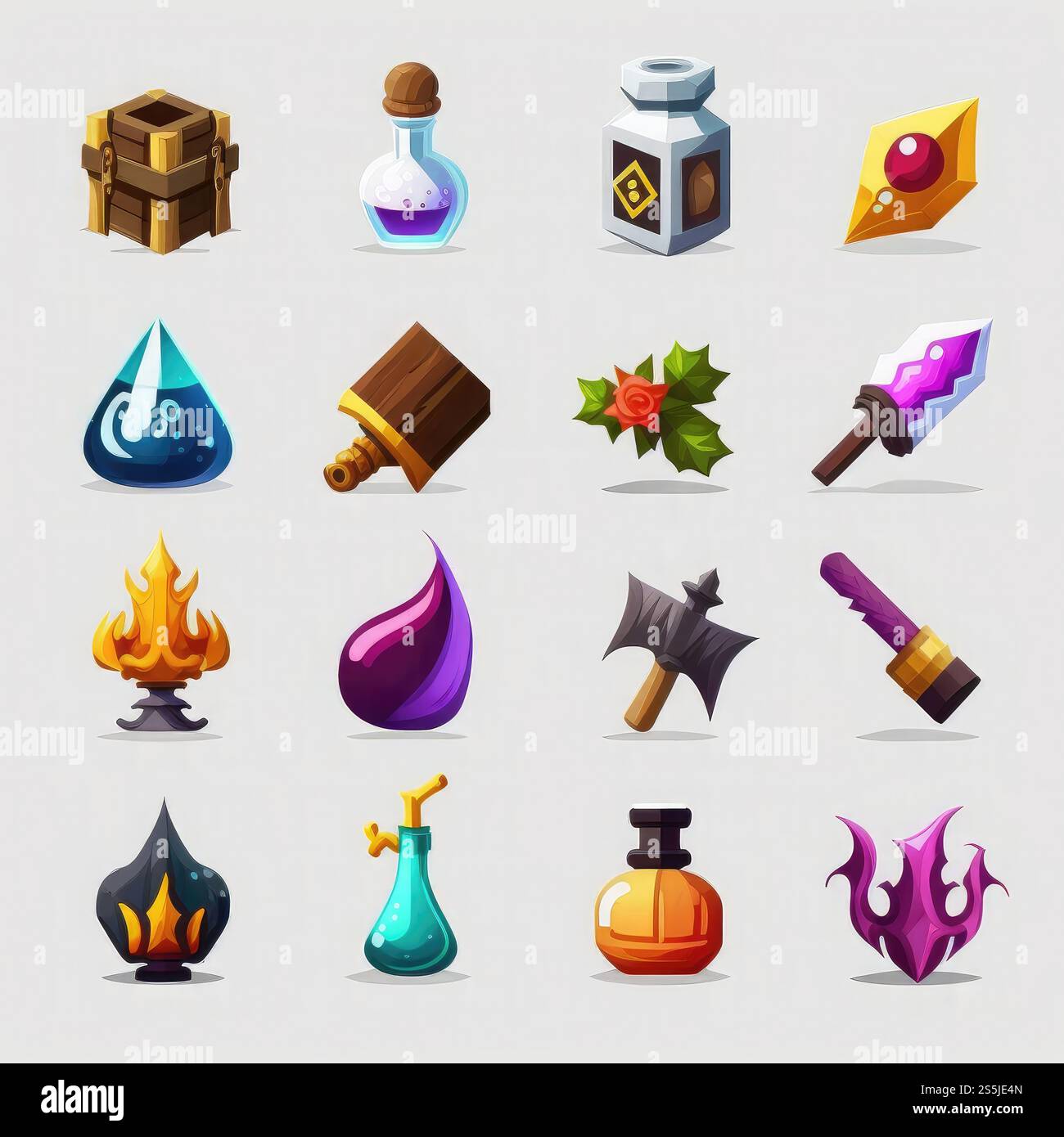 item rpg 2d game icons ai generated. fire coin, money crystal, medieval ...