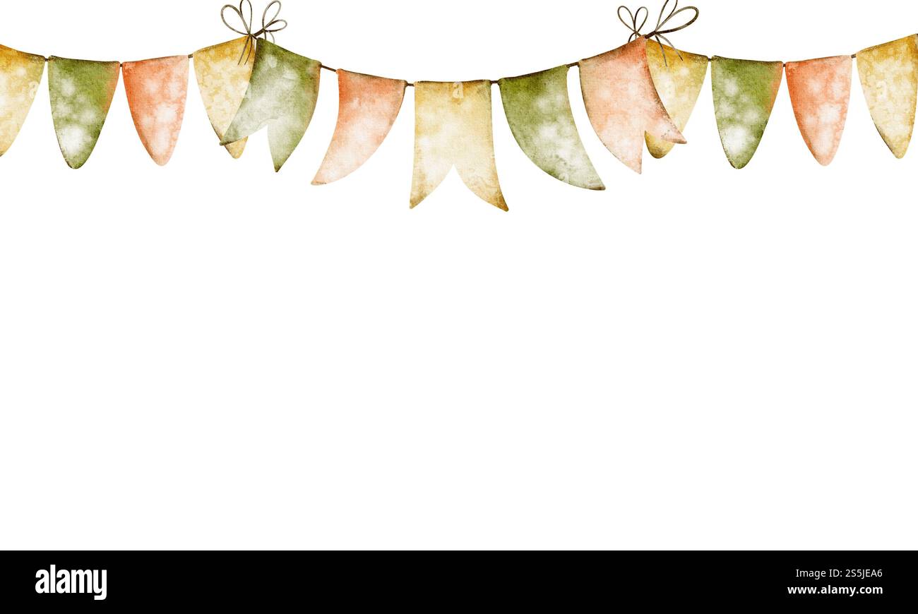 Watercolor garland Pennant seamless border. Hand-drawn adornment of a ...