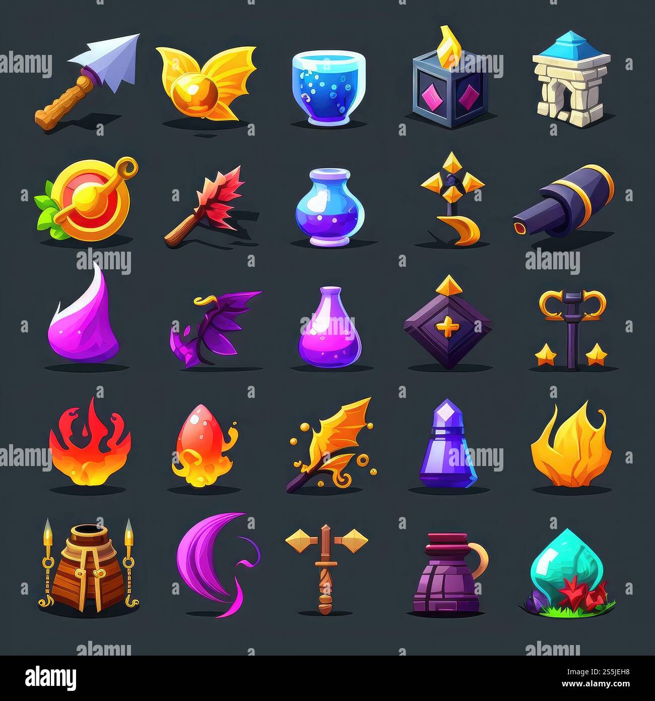 fire rpg 2d game icons ai generated. coin money, crystal medieval ...