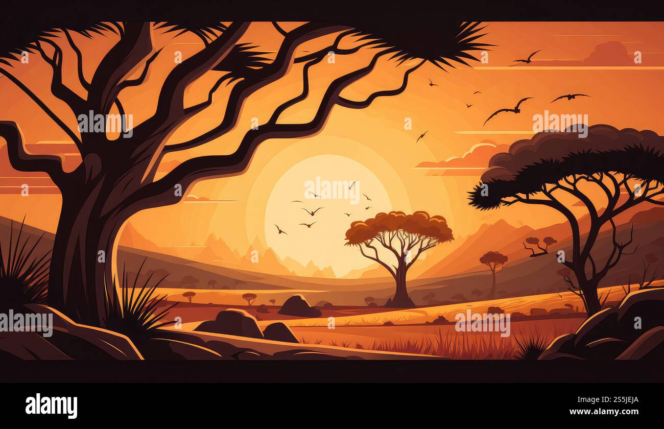 savannah acacia trees green grass. savanna landscape, african safari ...