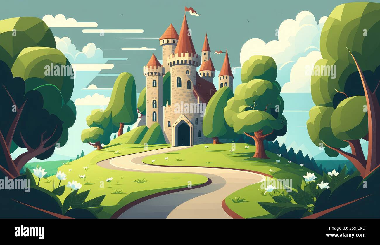 road fairy tale castle hill. palace princess, kingdom fantasy, nature ...