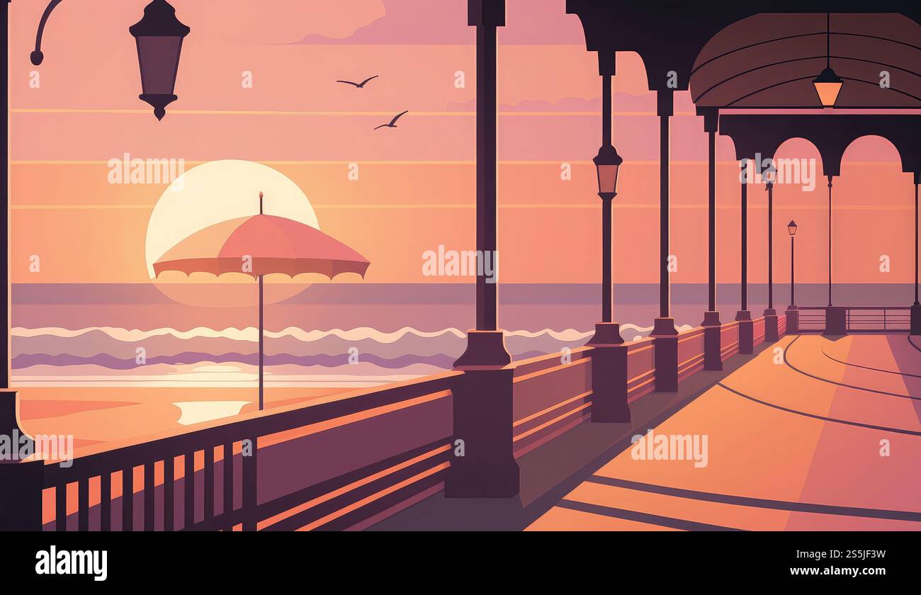 summer seafront empty promenade. background beach, ocean cartoon, water ...