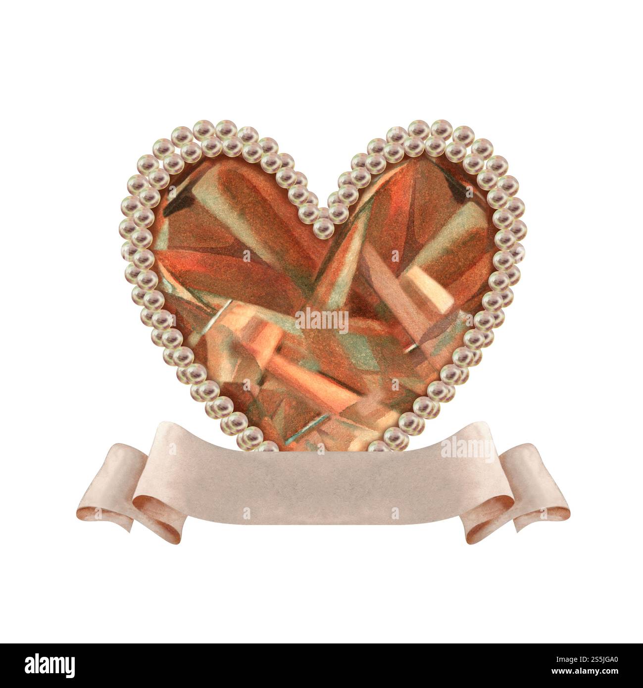 Crystal brown heart with empty beige paper banner ribbon in mocha ...