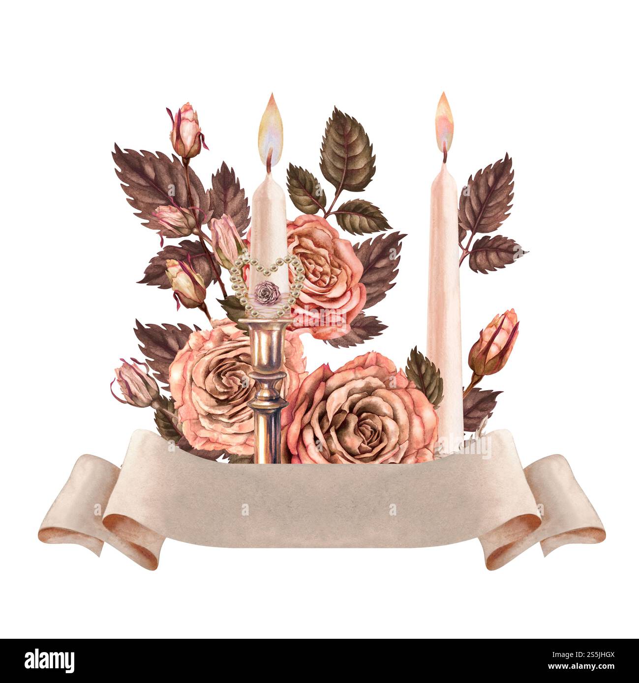 Candles in candlesticks and pink roses with a blank banner ribbon ...